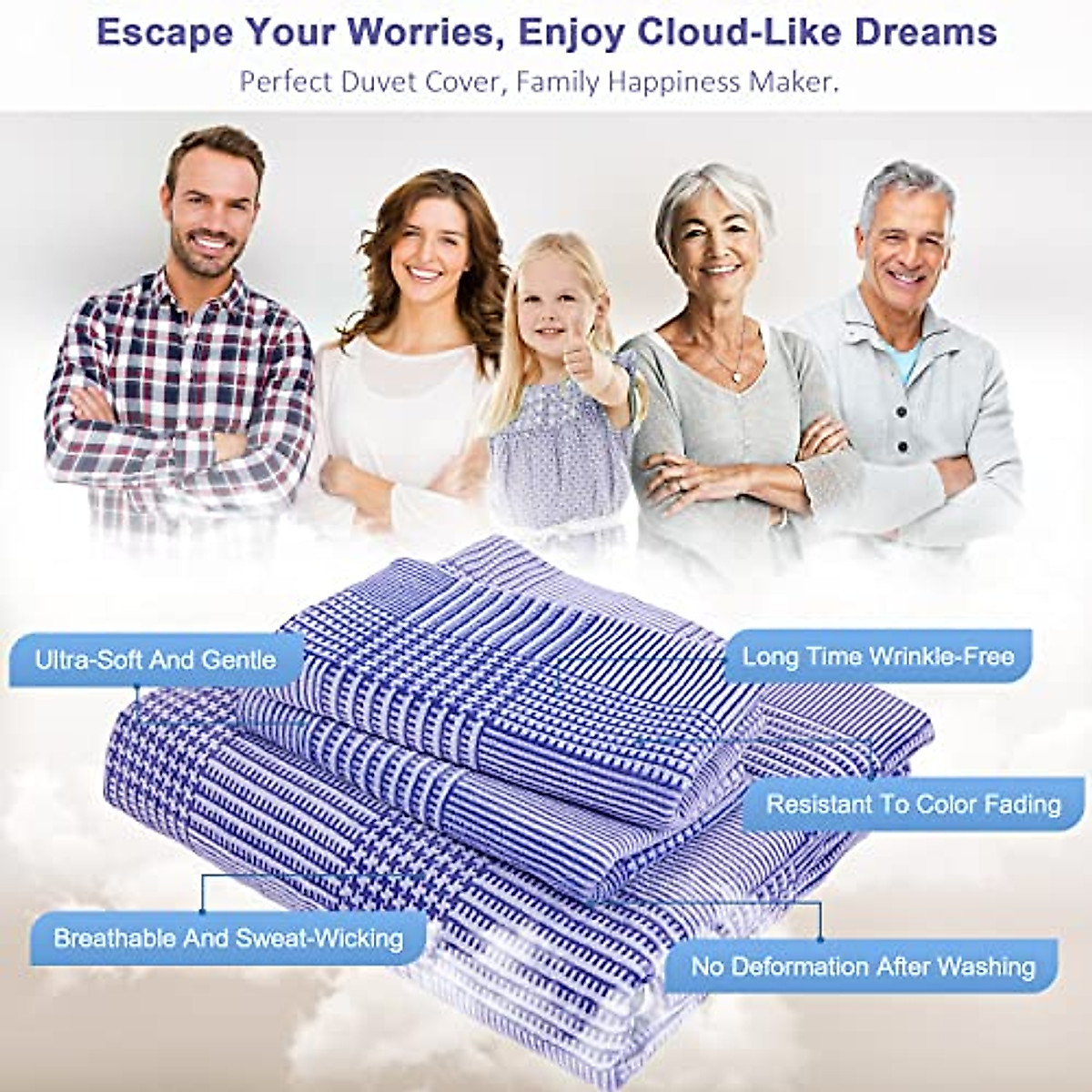 BedsPick Velvet Duvet Cover Set Full Size 3 Pieces, Navy Blue Soft Reversible Comforter Cover Sets, Plaid Striped Duvet Cover, 1 Duvet Cover 80x90 inches and 2 Pillow Sham