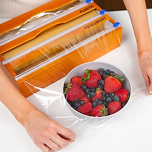 BASILEIA 3 in 1 Plastic Wrap Dispenser with Cutter - Bamboo Foil Organizer with 2 Extra Cutters & 24 Label for Cling Wrap, Aluminum Foil, Wax & Parchment Paper-Rolls up to 12"