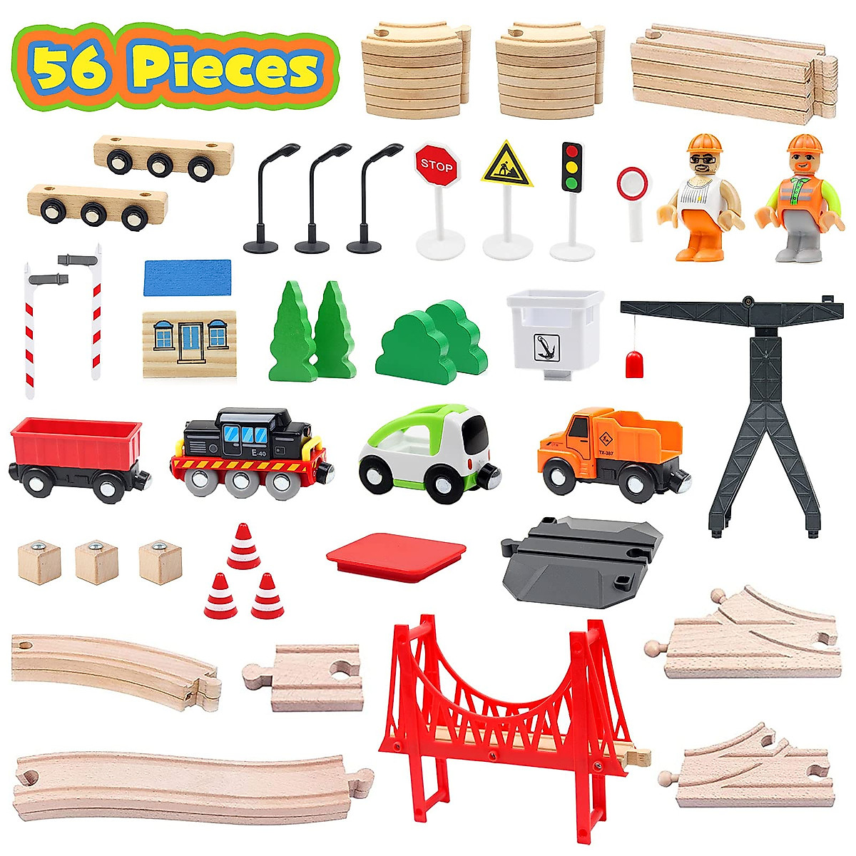 WOOD CITY Wooden Train Set, 56-Piece Deluxe Kids Toy Train Set for 2 3 4 5 Year Old Boy, Cargo-Themed Train Track with Tower Crane & Suspension Bridge - Fits Thomas Brio Chuggington Melissa Orbrium