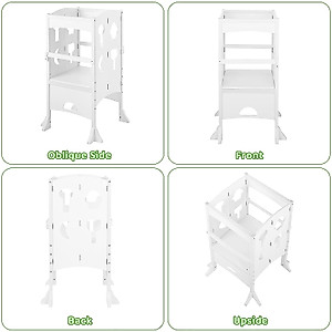 Kitchen Step Stool for Kids, Toddler Wooden Standing Tower, Folding Child Step Stool, Safety Cooking Standing Stool for Children with Lockable Handrail, White