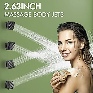 Bostingner Thermostatic Rain Shower System, 12 Inch Matte Black Wall Mount Faucet Set with Body Jets and Valve, All Functions Simultaneous Use