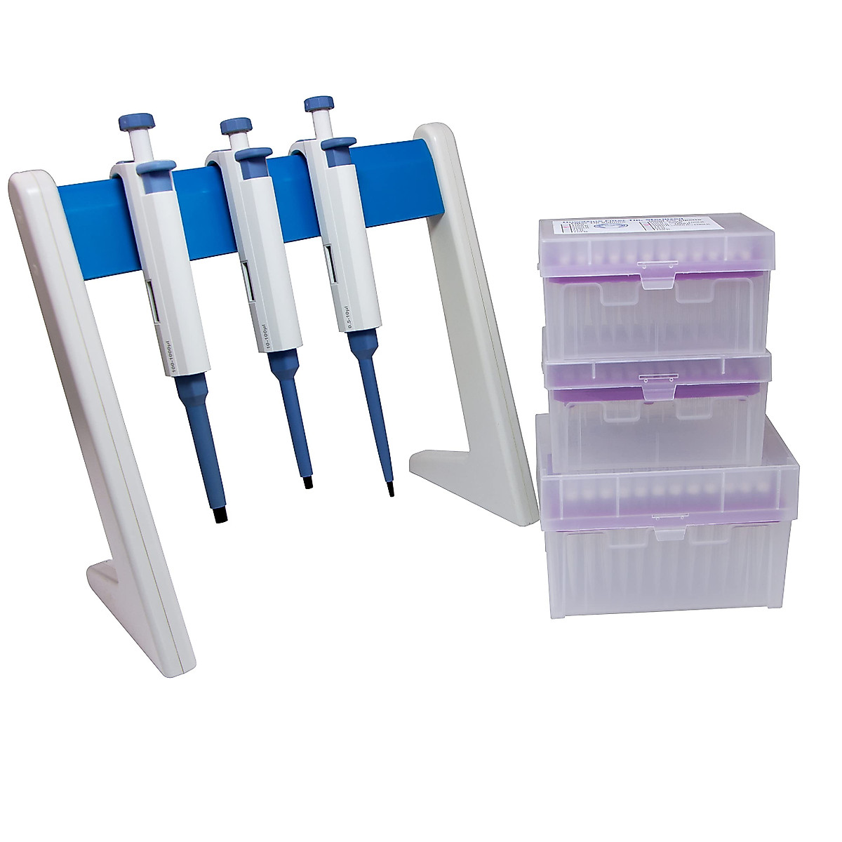 Huwazine Micropipette kit, 0.5-10ul 10-100ul 100-1000ul, Adjustable Single Channel Pipette, 3 Pieces, Pipette Stand, 3 Racks of sterile Pipette Tips (SC Pipettors-3pcs-Set A)