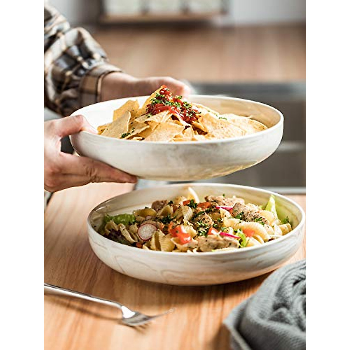 YHOSSEUN Ceramic Salad Bowl,10-inch Porcelain Serving Bowls for Pasta Fruit Snacks, 1.9 Quarts Large Stackable Dinner Serving Bowl Set of 2, Brown