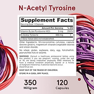 Jarrow Formulas N-Acetyl Tyrosine 350 mg, Brain Support Supplement, Dietary Supplement, Contains Vitamin B6 for Amino Acid Metabolism, 120 Capsules, 120 Day Supply