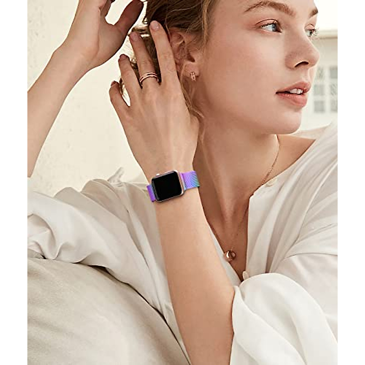 Rabini Metal Magnetic Band Compatible with Apple Watch 38mm 40mm 41mm 42mm 44mm 45mm 49mm, Rainbow Stainless Steel Mesh Loop Bands for iWatch SE Ultra Series 8 7 6 5 4 3 2 1 Women Men, Multicolor