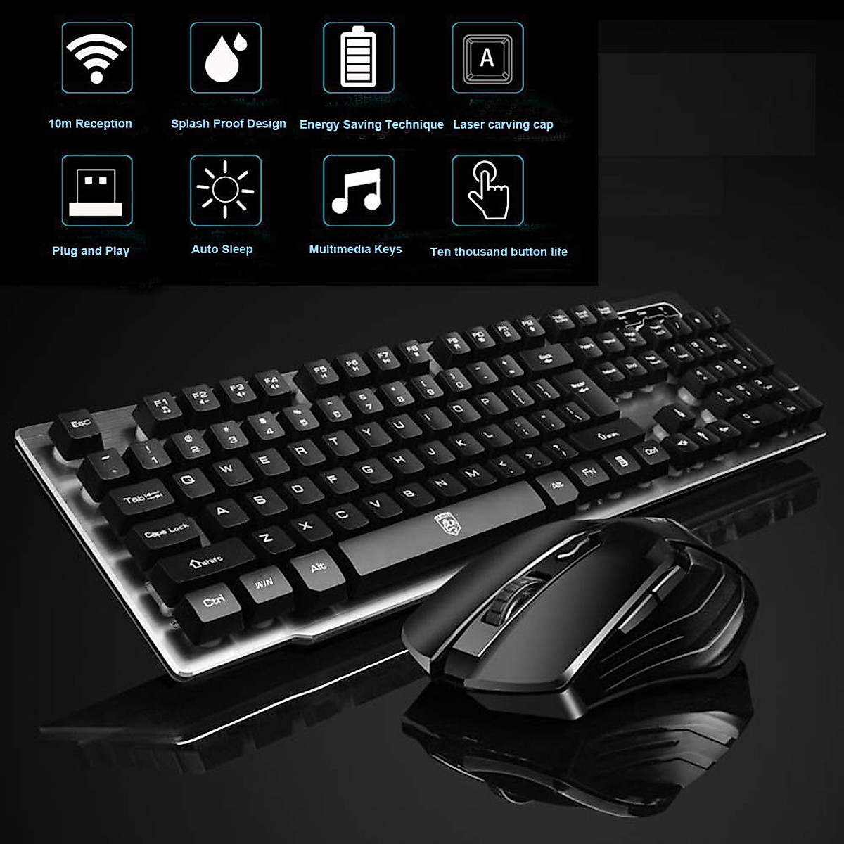 Keyboard and Mouse Combo,2.4G Wireless Mechanical Hand Feel Ergonomic Multimedia Gaming Keyboard +1600DPI Optical Mouse+Mice Pad for Laptop PC Smart TV MacBook (Black)