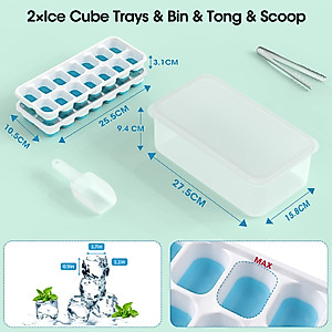 DOQAUS Ice Cube Tray with Lid and Bin, Upgraded Silicone Ice Cube Trays for Freezer with Container Ice Cube Maker Stackable Easy Release, 2 Pack Ice Trays & 1 Pack Ice Bucket Tong Scoop