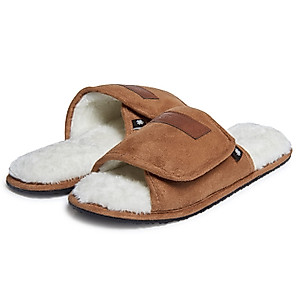 Lucky Brand Mens Microsuede Memory Foam Open Toe Slippers, Cool Adjustable Strap Indoor Outdoor House Sliders for Men, Tan, Large