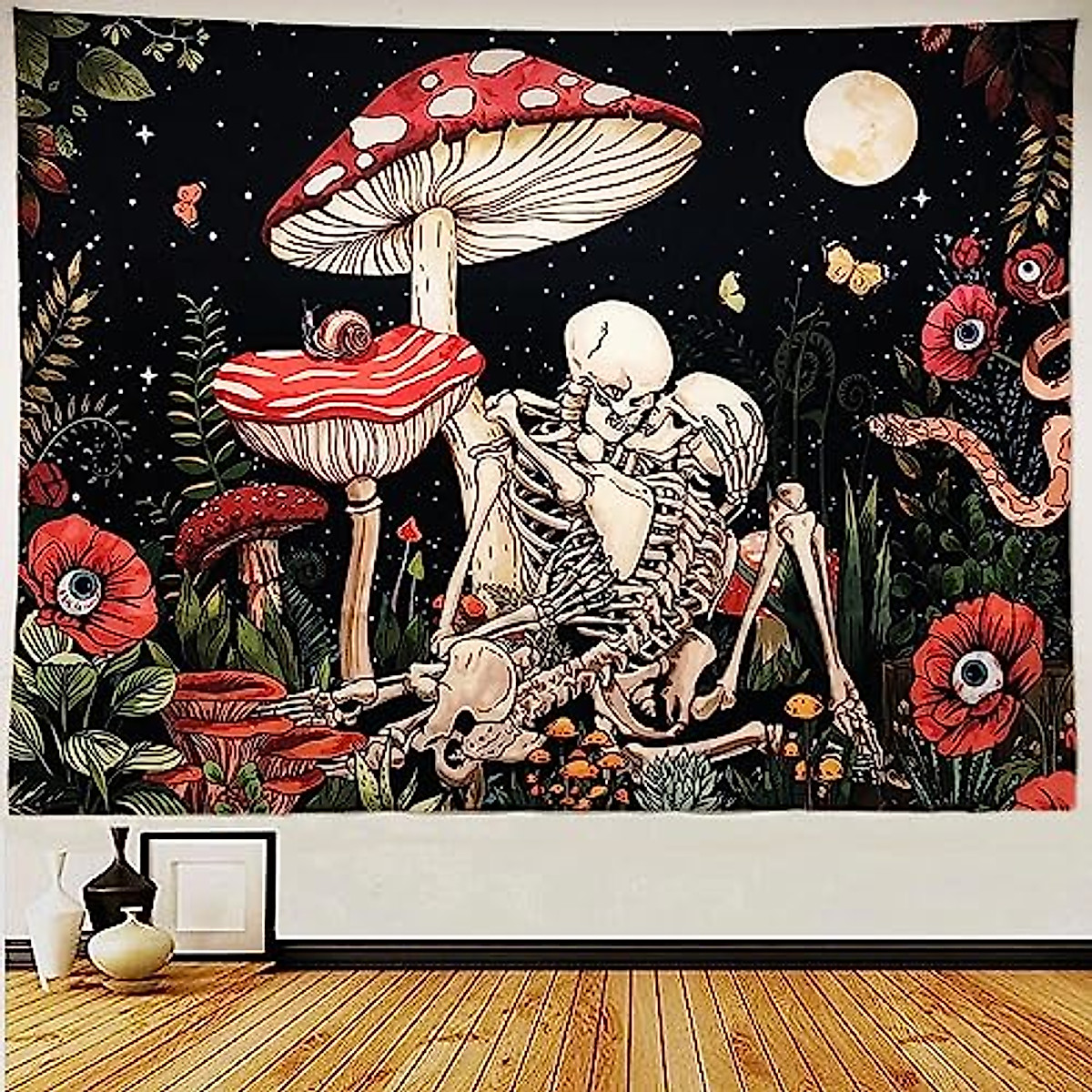 FEFURS Mushroom Skull Floral Tapestry,Skeleton Floral Tapestries Moon Garden Tapestry Mushroom Plants Tapestry Wall Hanging Wall Tapestry for Bedroom aesthetic (29x38 Inches)