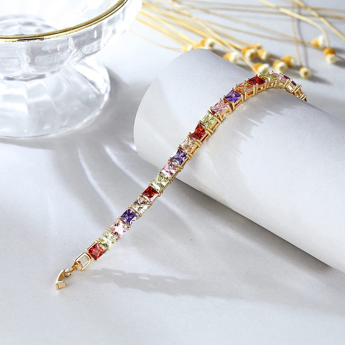 Esbbela Tennis Bracelet for Women Colorful Square Cubic Zirconia 5mm Artificial Diamond Rainbow Tennis Bracelet | 14K Gold Size 7 inch