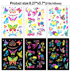 HOWAF 9 Large Sheets Neon Glow in The Dark Temporary Tattoos,100+ Assorted Designs Glow UV Neon Body Face Flowers Butterfly Flash Fake Waterproof Tattoo Stickers for Women Men Girls Body Art