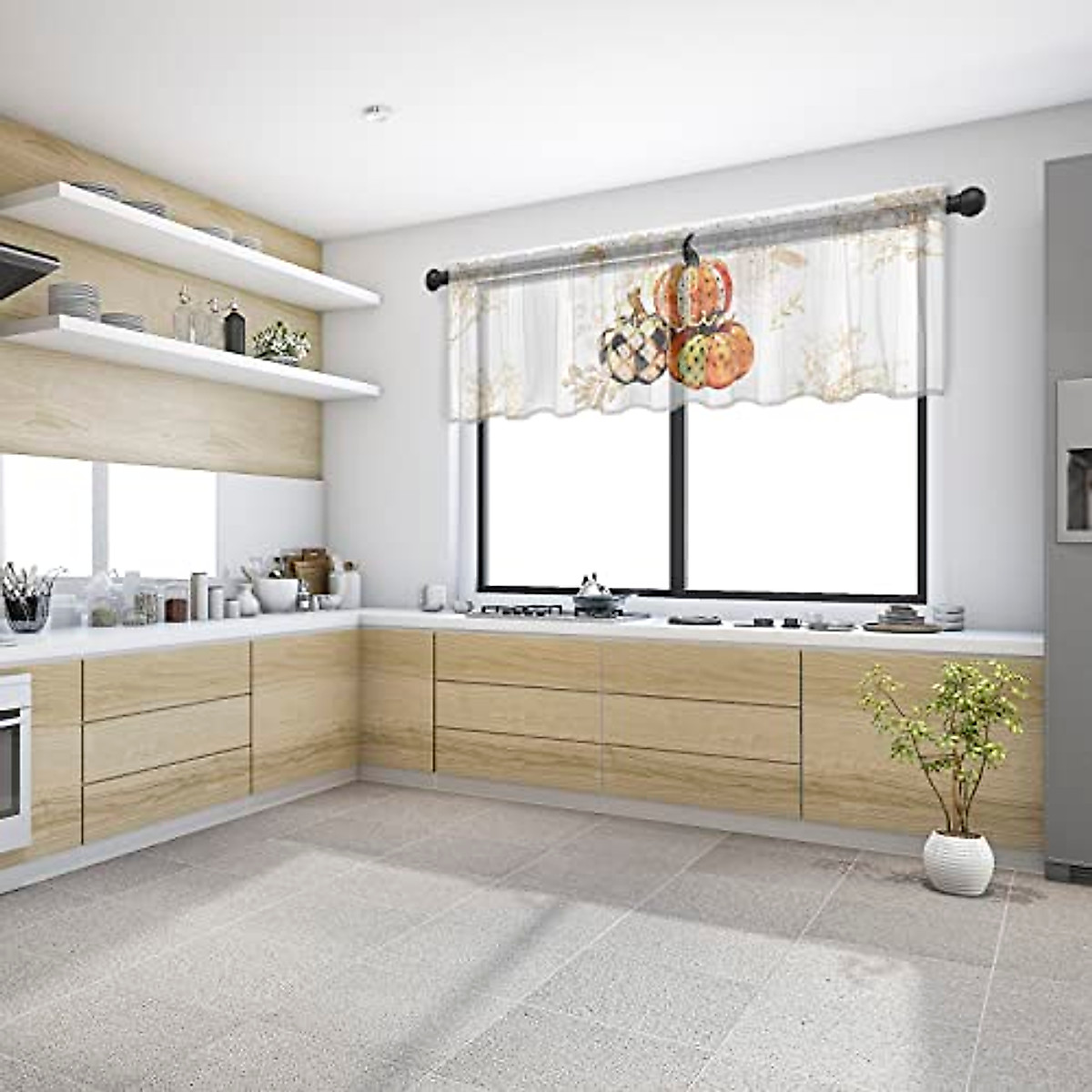 Chiffon Window Valance Kitchen Curtains Fall Thanksgiving Pumpkin White,Rod Pocket Tier Curtain Light Filter Panel,Farmhouse Gold Foil Botanical Windows Valances Drapes for Bedroom,Bathroom 54x18In