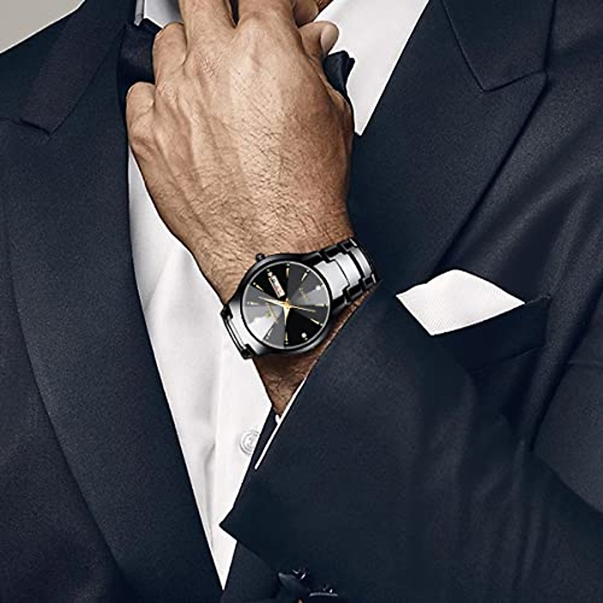 GUANHAO Ceramic Watches for Men, Black Business Men's Wristwatches with Calendar and Weeks, Quartz Watches with Ceramic Band Diamond Dial for Male Luminous Hands