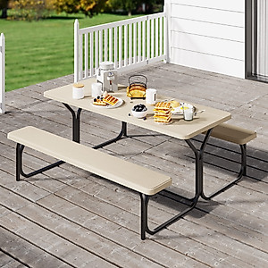YITAHOME Picnic Table 6ft Heavy Duty Outdoor Picnic Table and Bench Resin Tabletop & Stable Steel Frame w/Umbrella Hole for Yard Patio Lawn Party Light Brown