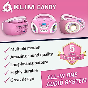 KLIM Candy Kids Portable CD Player for Kids - New 2023 - FM Radio - Batteries Included - CD Boombox for Kids - Cute Pink Radio cd Player with Speakers for Kids and Toddlers - Pink