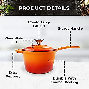 Healthy Choices 1 Qt Small Enameled Cast Iron Sauce Pan with Lid, Mini Enamel Sauce Pot, Single Serving Pasta Sauce, Gravy, Puddings & 2-4 Eggs, Butter Warmer, All Cooktops - 500°F, Dishwasher Orange