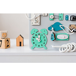 Sensory and Activity Busy Board for Toddlers - Made in Ukraine BD Gift for Boy and Girl, Baby, Kids, Children - Learning, Education, Travel (Gray Blue Mint) Wooden