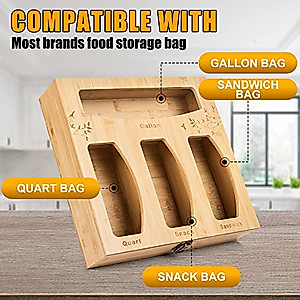 AKAT HOME Bamboo Ziplock Bag Storage Organizer & Baggie Dispenser for Kitchen Drawer – Wooden Zip Lock Container Holder Wall Gallon,Sandwich,Snack,Quart (Flip, Engraved, - M1)