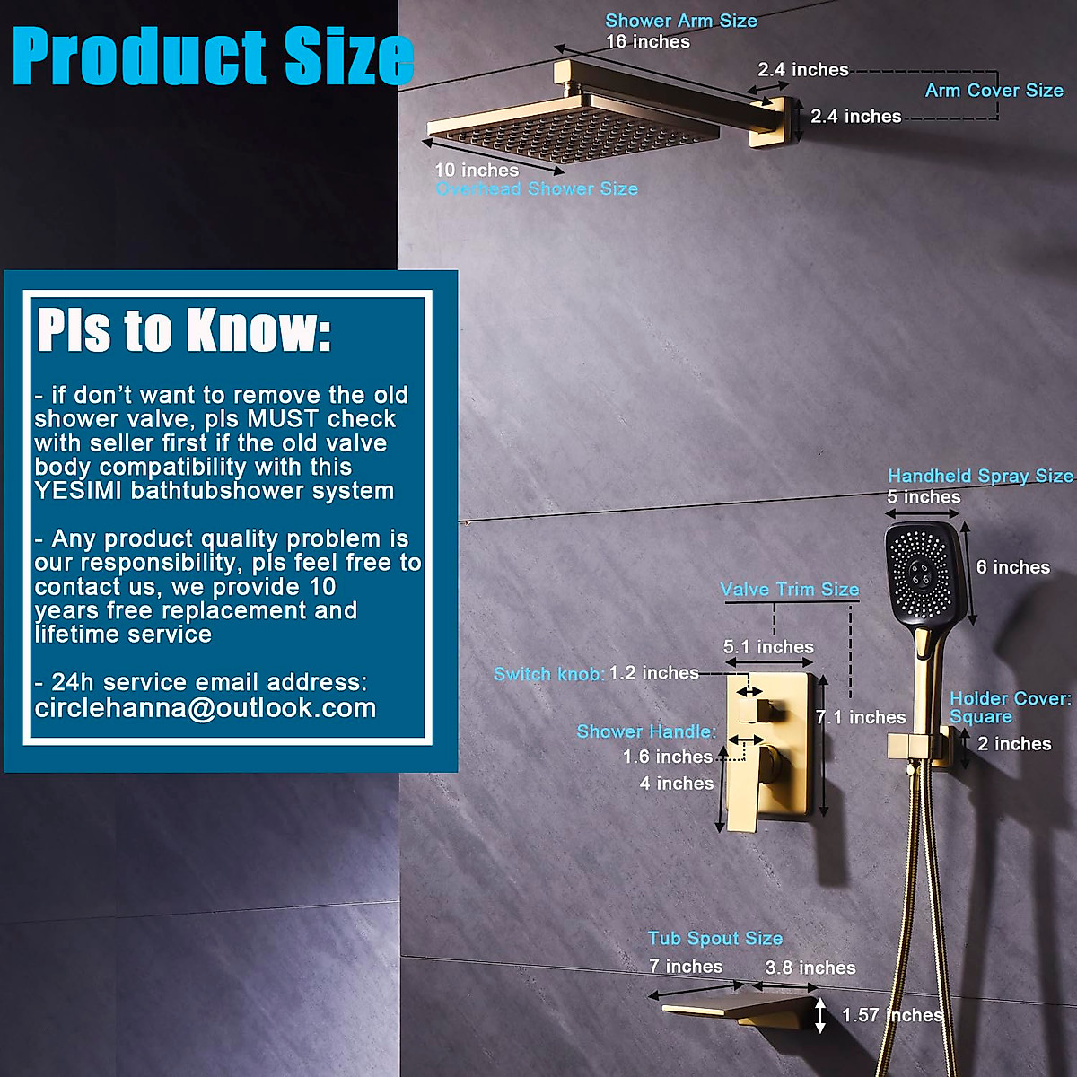 YESIMI Shower System with Tub Spout 10 Inch Overhead Shower 4 Setting Handheld Spray Rough In Pressure Balance Valve Body with Trim Kit Wall Mounted Rainfall Bathtub Shower Faucet Set (Brushed Gold)