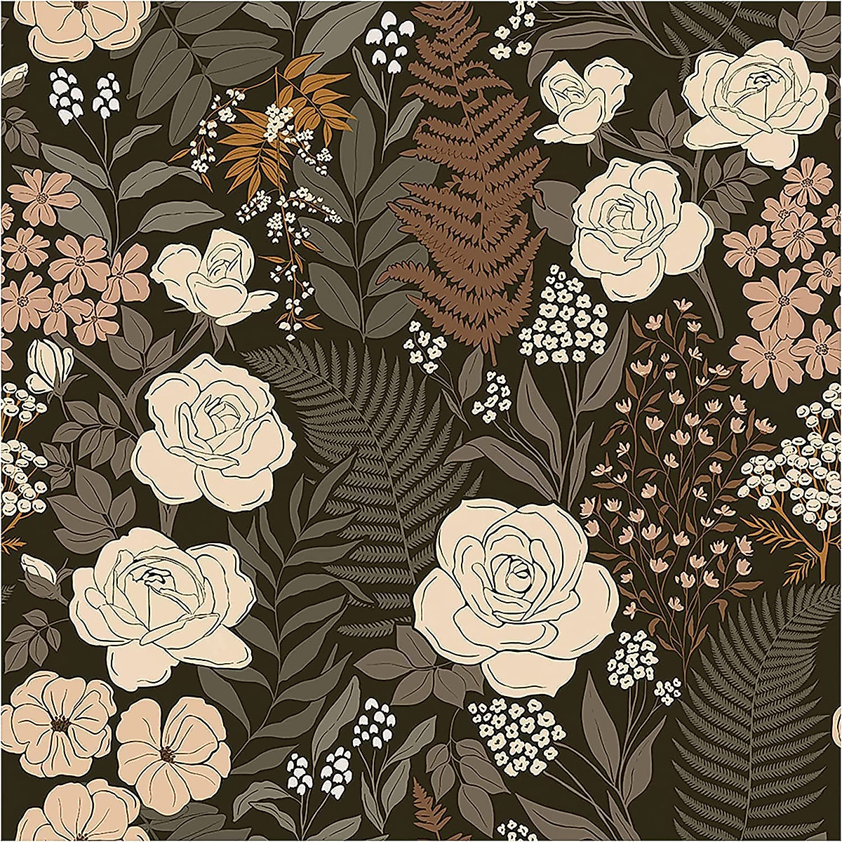 HAOKHOME Peel and Stick Wallpaper Floral Vintage Removable Rose Leaf Black/Brown/Beige Stick on Mural 17.7in x 9.8ft