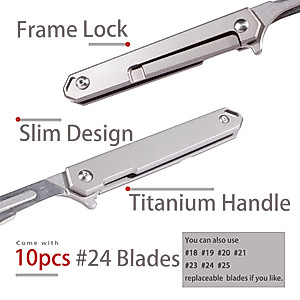 TENCHILON T31 Mini Slim Titanium Flipper Folding Scalpel Pocket Knife, 10pcs #24 Blades Tiny Small Micro EDC Keychain Knives for Men Women