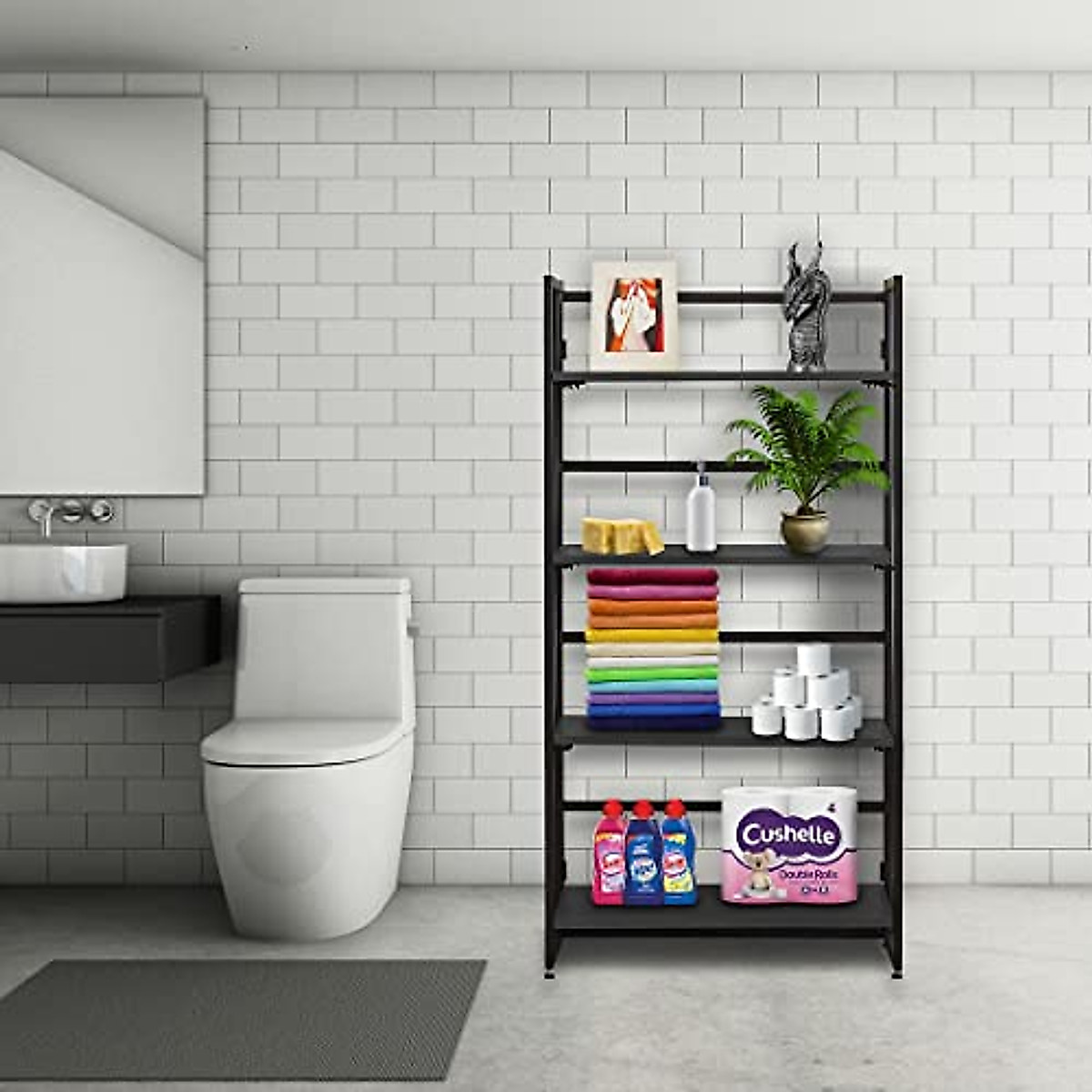 Halter 4-Tier Industrial Bookshelf Standing Shelving Unit Folding Book Shelf Organizer Wood Bookshelf Shelves for Living Room Office or Bedroom 2 Pack Black