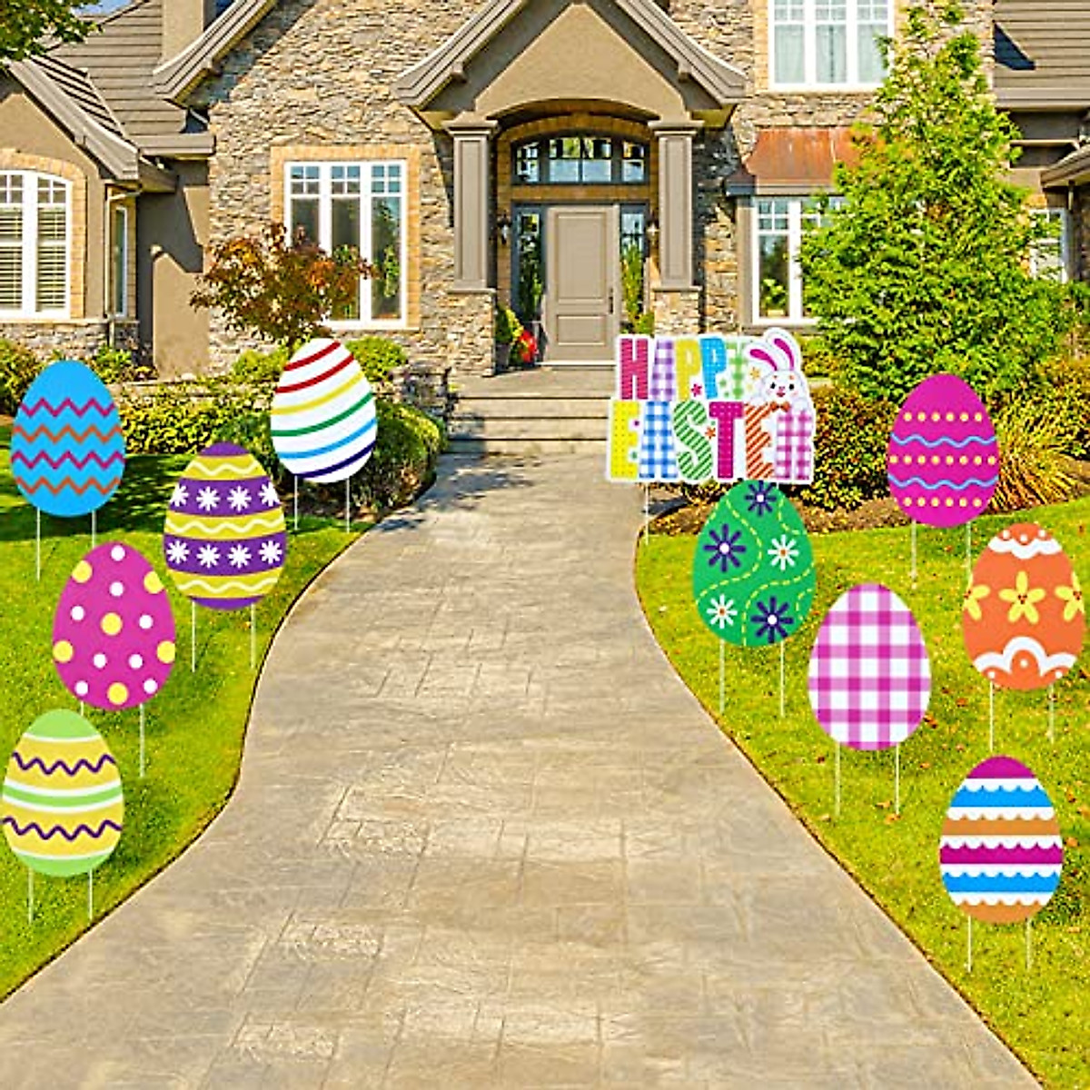 Cosyway 11 PCS Easter Yard Signs, Outdoor Easter Decorations Yard Stakes Waterproof Plastic Egg Shaped and Happy Easter Signs for Lawn Yard Garden Holiday Decor