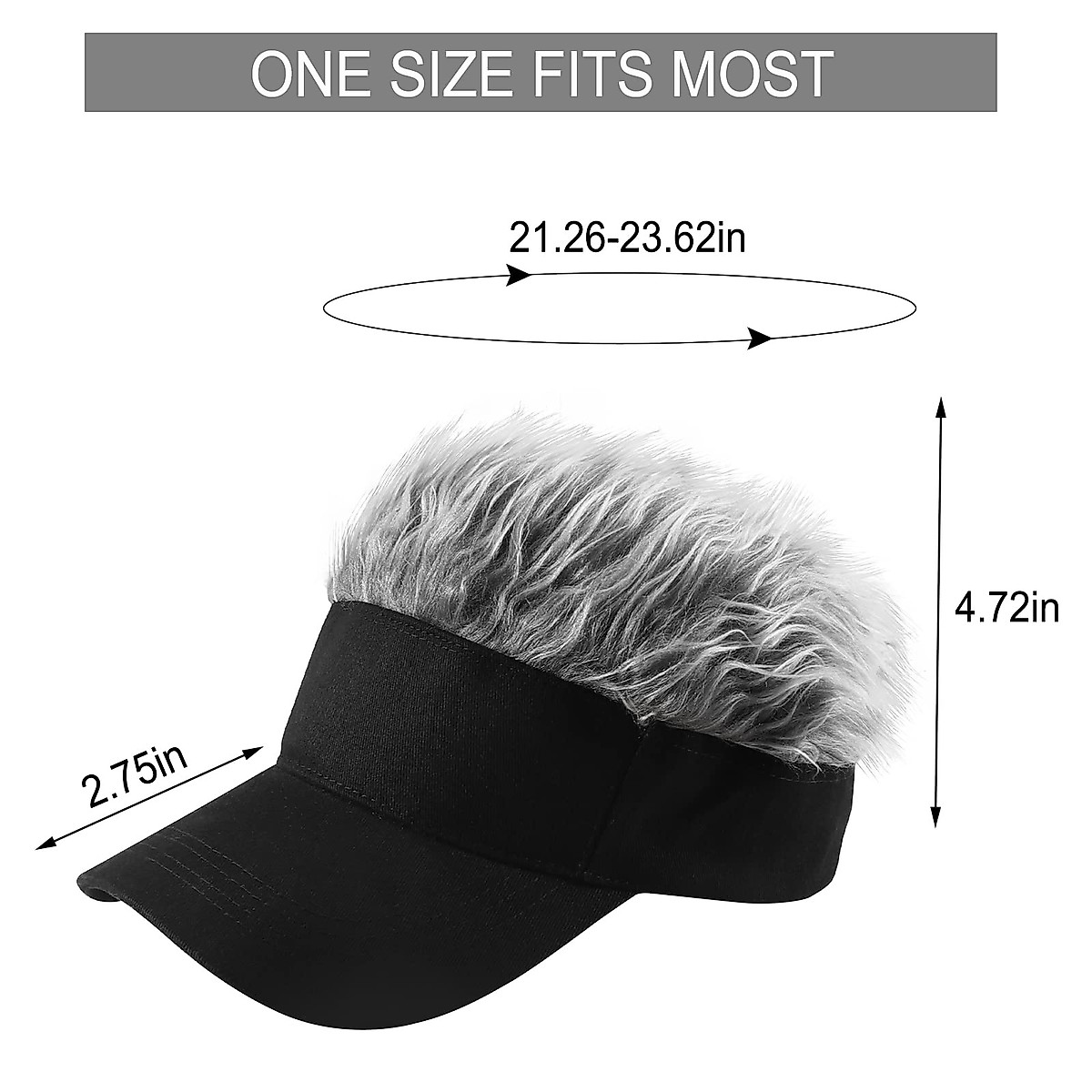 Regilt Adjustable Sun Visor Hat with Wig Spiked Hairs Fashion Baseball Golf Cap for Men & Women (3pcs-Black Gray)