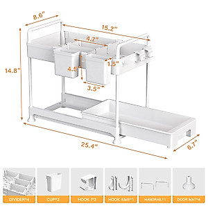 BAYANKHAR Under Sink Organizers and Storage, Multi-purpose Bathroom Organizer Under Sink, 2 Tier Under Kitchen Sink Organizer Sliding Cabinet organizer Basket with Hooks,Hanging Cup,white,2 Pack