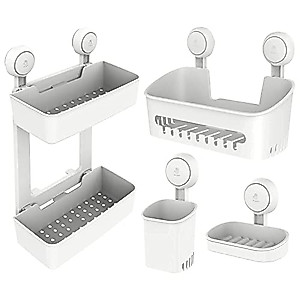 Shower Caddy Suction Cup Set Shower Basket Toothbrush Holder Soap Holder One Second Installation NO-Drilling Removable Suction Shower Organizer Powerful Waterproof Caddy Organizer - Pack of 4, White