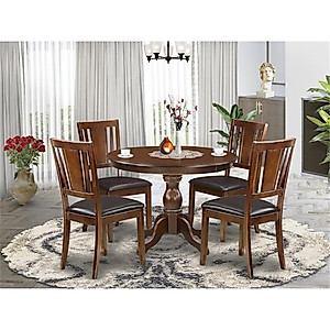 East West Furniture HBDU5-MAH-C 5 Piece Modern Dining Table Set Includes a Round Wooden Table with Pedestal and 4 Linen Fabric Dining Room Chairs, 42x42 Inch, Mahogany