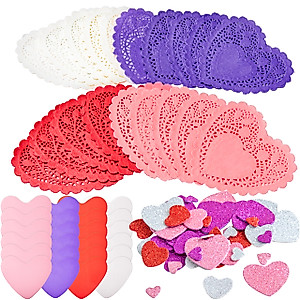 JOYIN 126+ Pcs Valentines Day Craft Gift Set with 100 Heart Doilies, 24 Pcs Foam Hearts & 2 Bags of Foam Heart Stickers for Kids, Tableware Decoration, Home Activitie, Kitchen Disposable Table Doilies