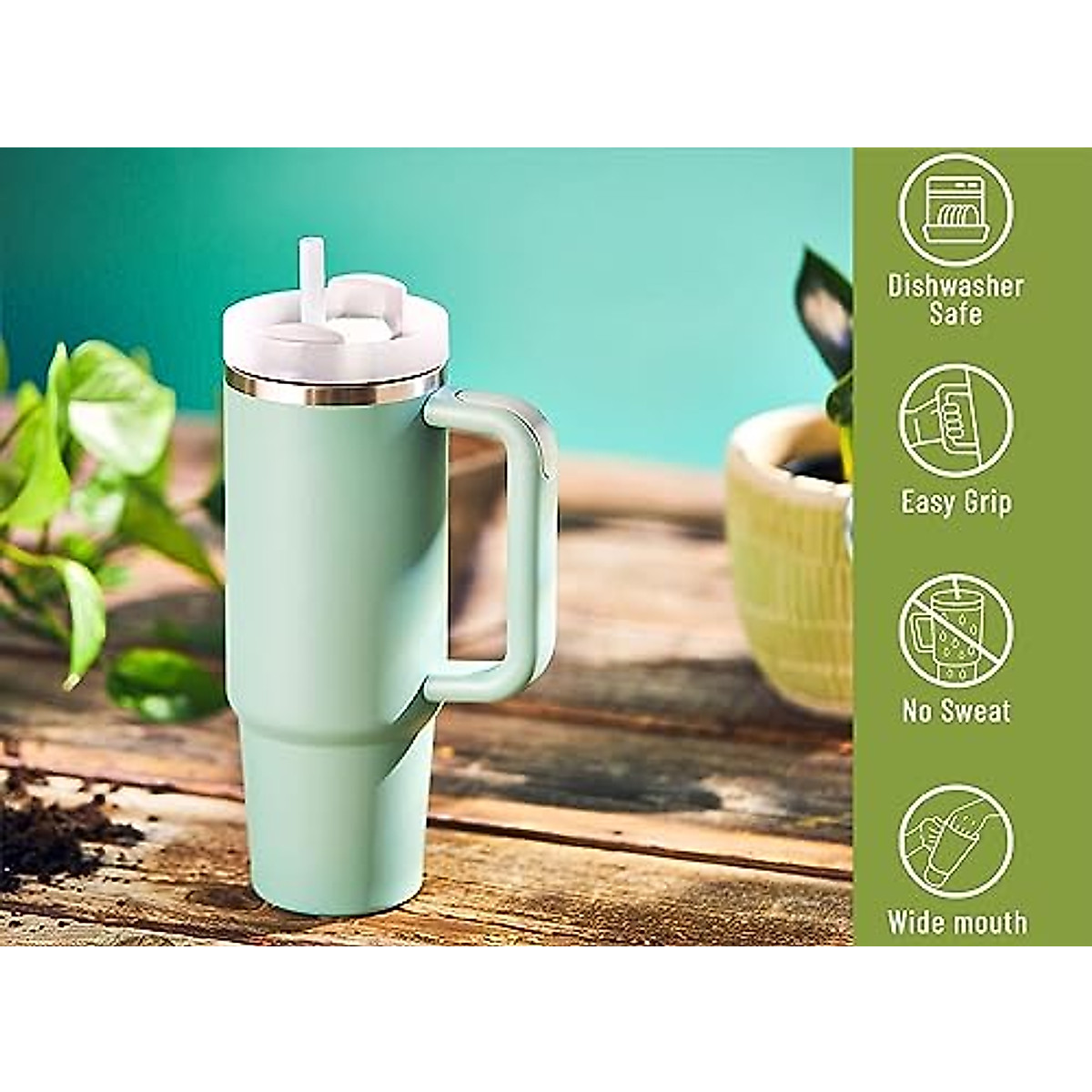 YOUEXPERT 40 oz Thermos Tumbler with Handle and Straw with lid Car Mug with Outdoor Sports Travel Stainless Steel Sippy Mug Gifts 2st (eucalyptus)