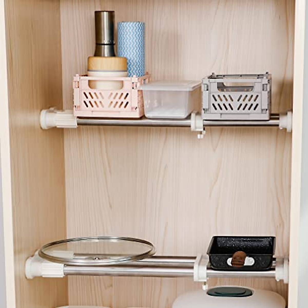 Hershii 2 Pack Expandable Closet Shelf Tension Rod Adjustable Metal Storage Rack Cabinet Organizer DIY Divider Separator for Wardrobe Cupboard Kitchen Bathroom, Ivory, 11.81-15.75 in