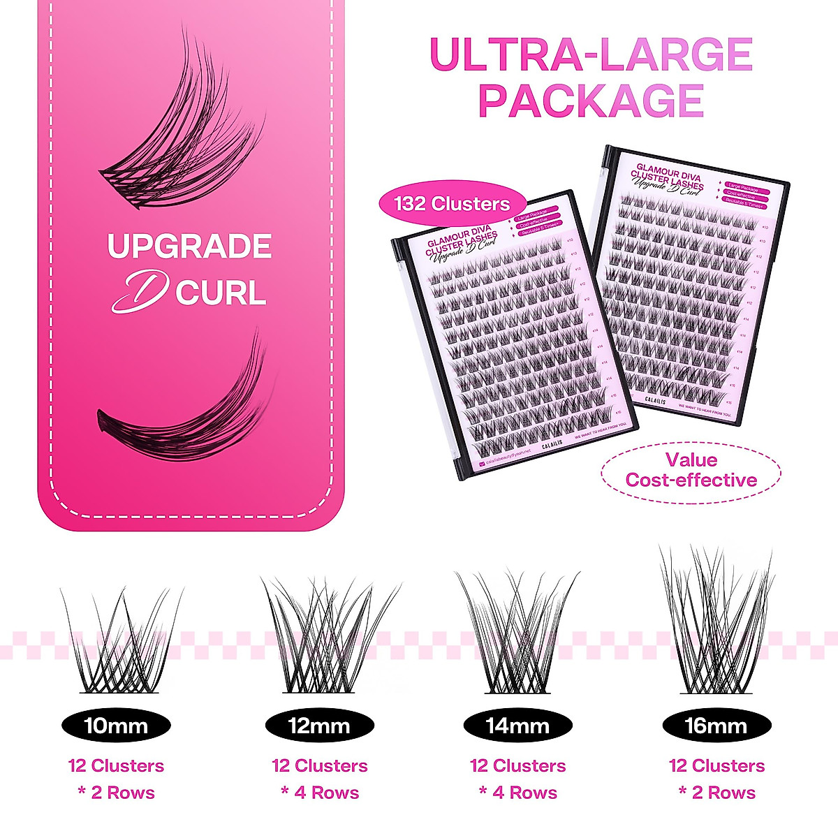 CALAILIS Lash Clusters DIY Eyelash Extensions 132pcs Natural Cluster Lashes Mega Volume Individual Lashes Wispy Eyelash Clusters(DUO14,D-10-16MIX)