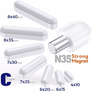 Biomed Scientific Magnetic Stir Bar PTFE Magnetic Stirrer Mixer Stir Bars High Magnetism Teflon Coated Stirrer Rod Type-C Set 7pcs/Pack, White