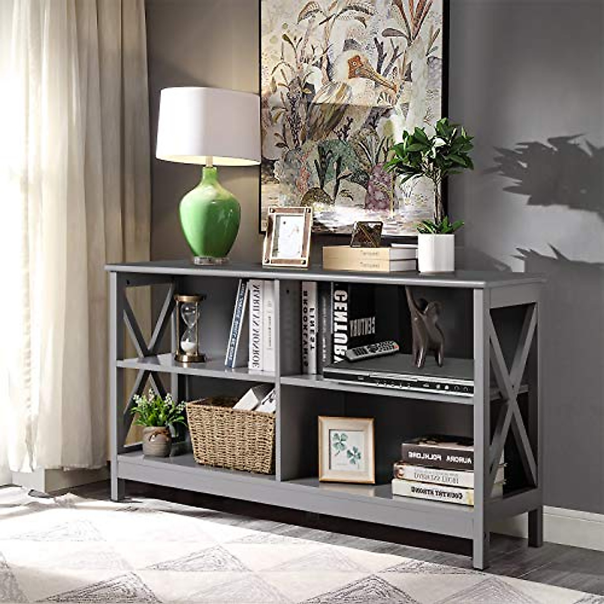 Tangkula TV Stand for TVs up to 55 Inches, 47" Farmhouse Entertainment Center with 4 Open Shelves & Built-in Cable Holes, TV Console Table with X-Shaped Frame for Living Room (Grey)