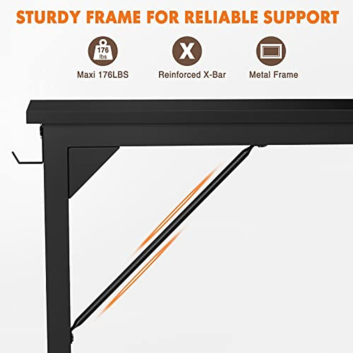 Sweetcrispy Computer Desk 47 Inch Home Office Desk Writing Desk Sturdy Gaming Desk Table Workstation, Work Desk with Storage Bag, Headphone Hook & Metal Frame, Black