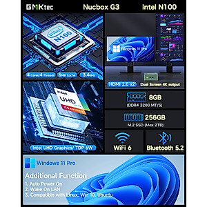 GMKtec Mini PC N100, Preinstalled Windows 11 Pro, G3 Intel Alder Lake N100 (3.4GHz), 8GB DDR4 RAM 256GB PCIe M.2 SSD, Desktop Computer 4K Dual HDMI/USB3.2/WiFi 6/BT5.2/2.5G RJ45 for Office, Business