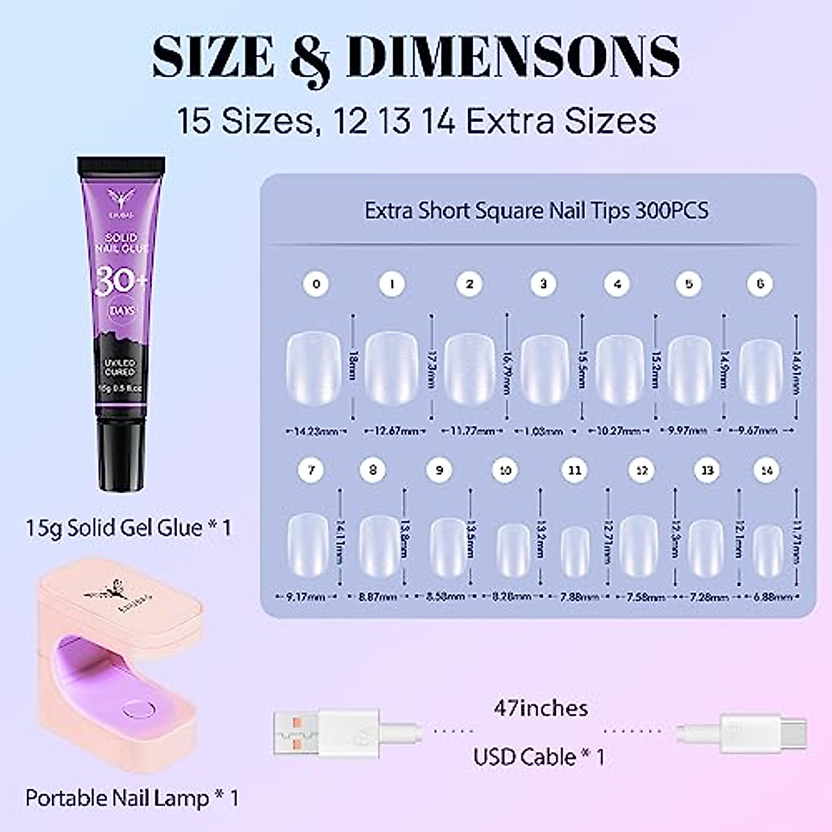 Ejiubas Gel Nail Kit, Nail Tips and Gel Kit with 15ML Solid Gel, 300PCS Extra Short Square Fake Nails with Portable Nail Lamp, DIY Nail Art Tools Gel Nail Extension Kit Acrylic Nail Kit