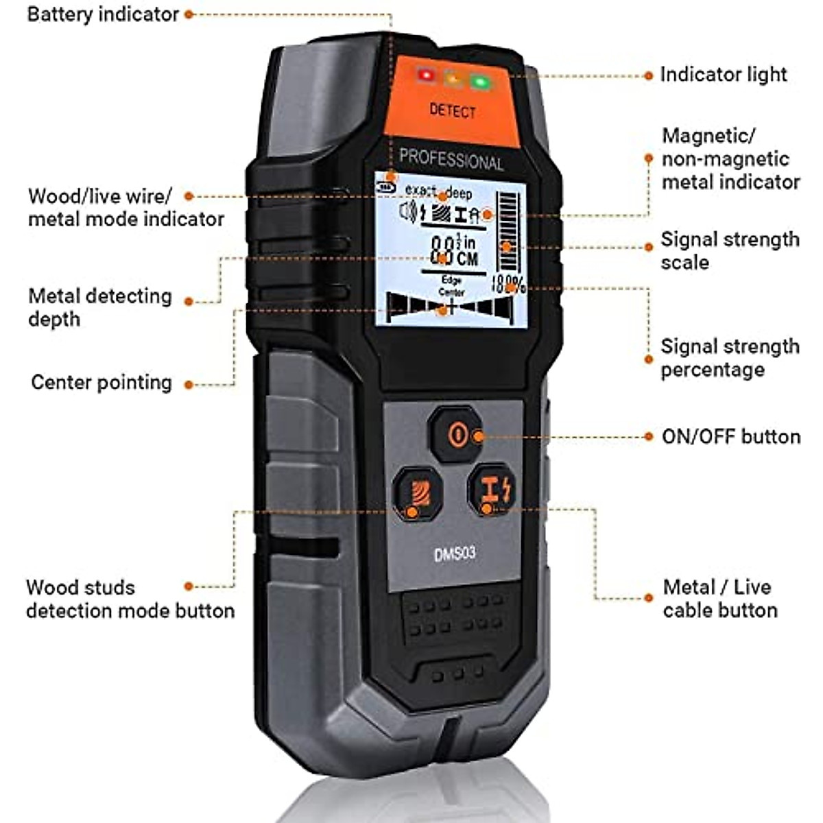 789 Stud Finder, 4 in 1 Sensor Wall Scanner, with Digital LCD display, Automatic Calibration and Sound Alarm, 3 Signal Lamp Prompts, for Wood AC Wire Metal Stud Detection - DMS03, Orange