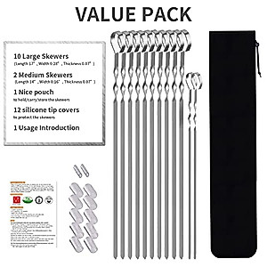 Kabob Skewers, 17" Metal Kebab Skewers Flat Long Stainless Steel Wide Reusable BBQ Barbecue Shish Kabob Sticks Skewers for Grilling Meat Shrimp Chicken Vegetable, 12 Pack Including Bonus 14" Skewers