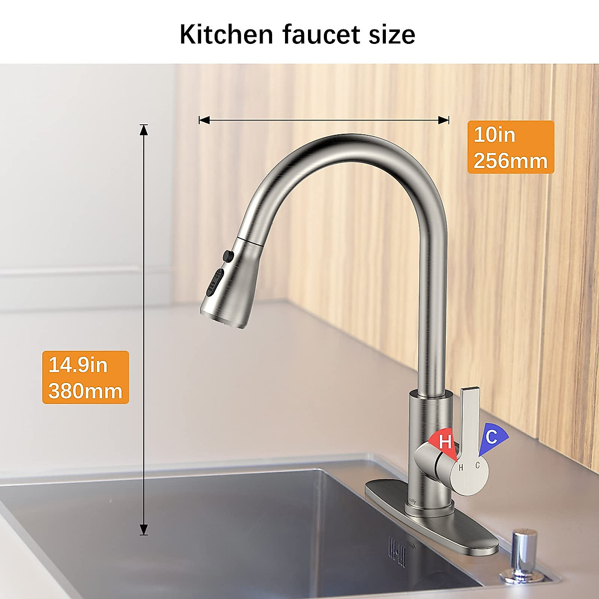 Kitchen Faucet, Brushed Nickel Kitchen Faucet for Sink with Sprayer, Single Handle faucets High Arc Modern Spring Kitchen Sink Faucet Stainless Steel with Deck Plate, for One Hole Or 3 Hole