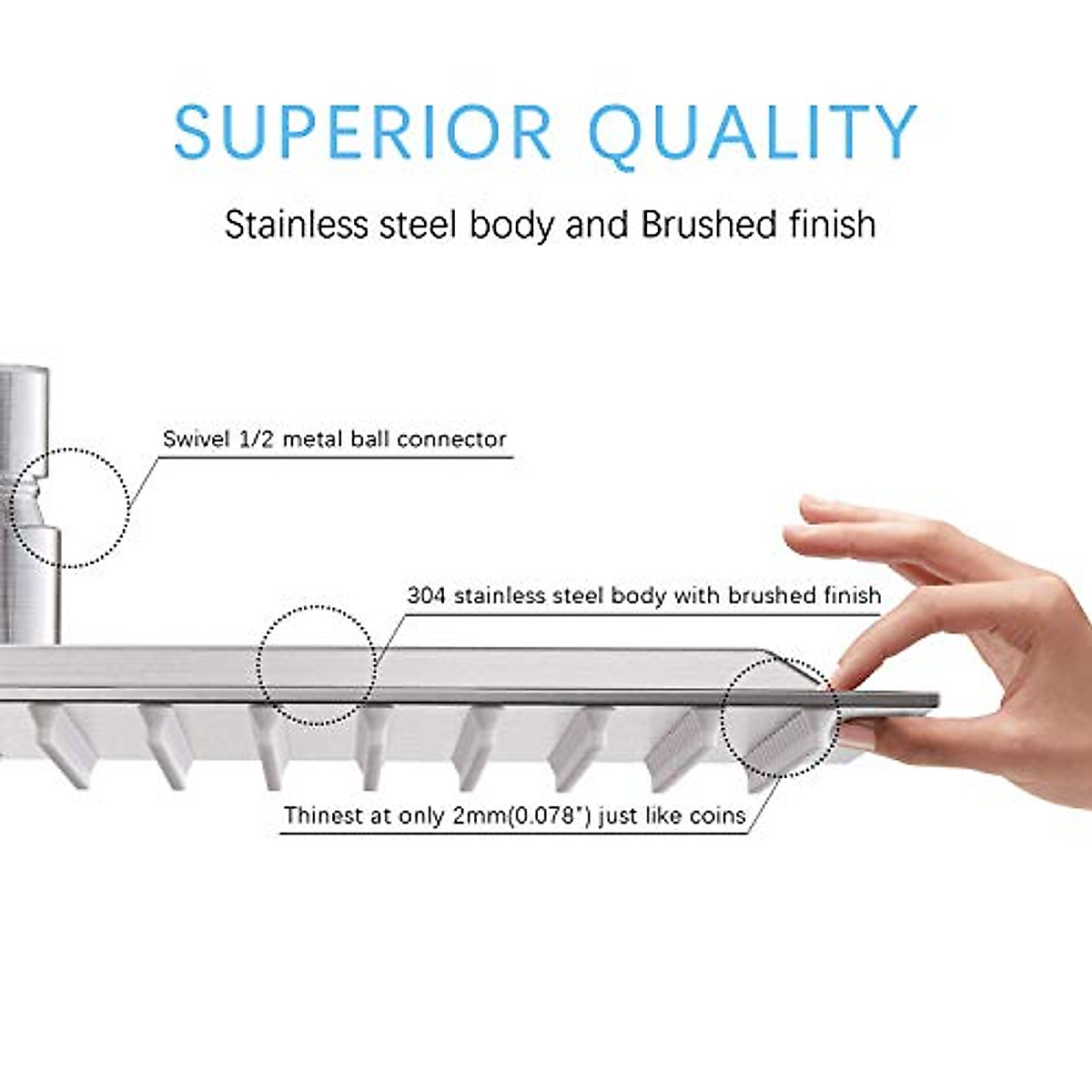 Derpras 16 Inch Square Rain Shower Head, 304 Stainless Steel, Ultra Thin High Pressure Bathroom Rainfall Showerhead (Brushed Nickel) (324 Jets)