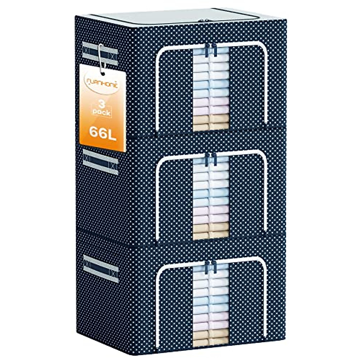 3 Pack Upgraded Clothes Storage Containers Bins, Stackable Storage Bins-Collapsible Storage Bins for Clothes Storage Box for Clothing with Front Zipper＆ Clear Window＆ Reinforced Handles, 66L, 3PCS)