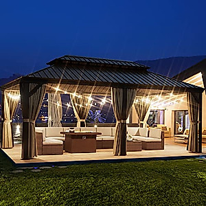 Aoxun 12FT×20FT Hardtop Aluminum Gazebo, Outdoor Metal Frame Canopy Gazebo with a Mosquito Net and Privacy Sidewalls, All-Weather Gazebo Canopy for Patio, Garden, Backyard, Brown