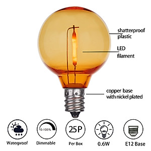 MAINDECO G40 LED Replacement Bulbs, Clear Orange,120V,0.5W, E12 Base,Outdoor Shatterproof Plastic Bulb,for String Light -25Pack