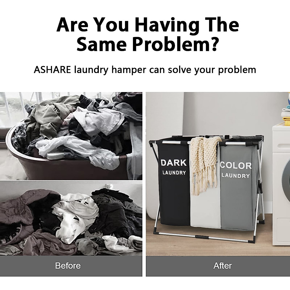 Laundry Basket Hamper 3 Section Dirty Clothes Hamper with Mesh Cover Foldable Aluminum Frame Laundry Sorter Organizer for Bathroom Bedroom Nursery (White+Grey+Black）