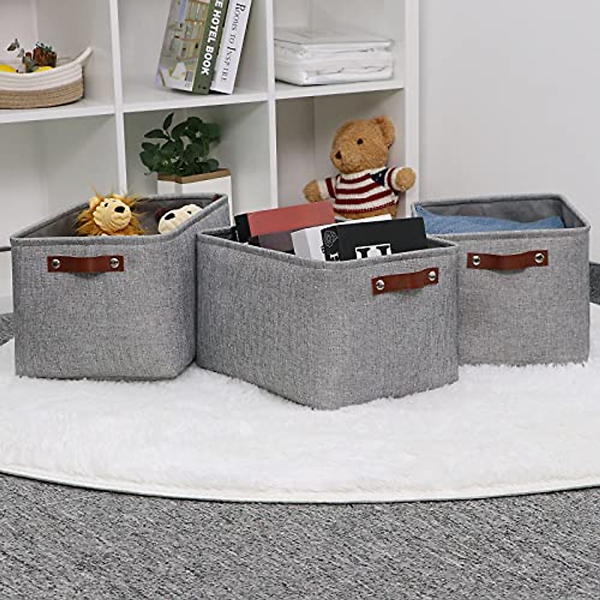 HNZIGE Storage Basket Bins(3 Pack) Large Collapsible Storage baskets for organizing Shelf Closet Bedroom, Perfect Storage Box with Handles for Closet, Clothes, Toy, Home?Gray, 15" x 11" x 9.5"?