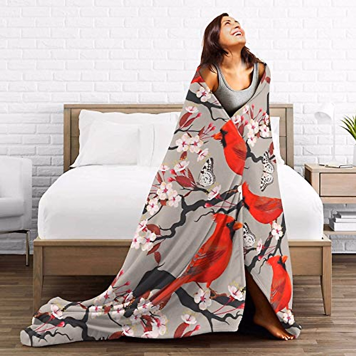 LodiSFOA Lightweight Microfiber Plush Throw Blanket Air Conditioner for Couch Bed Sofa Travel All Seasons… (Cardinals Birds Cherry Flowers, 40"×50")